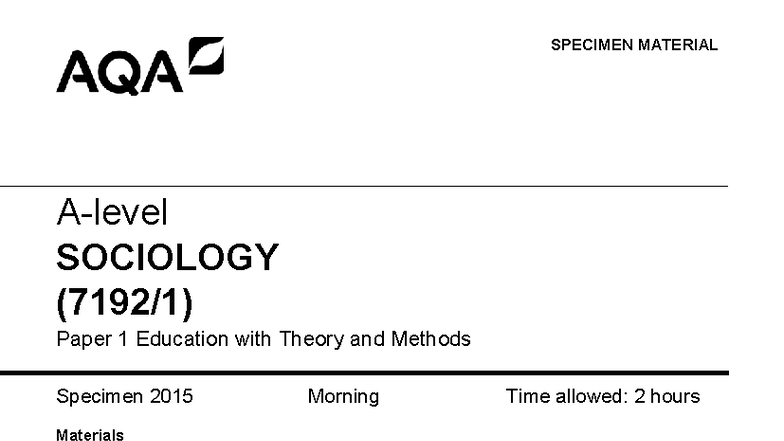 AQA 71921 Sociology Paper 1: Education & Theory Specimen 2015 - Studocu