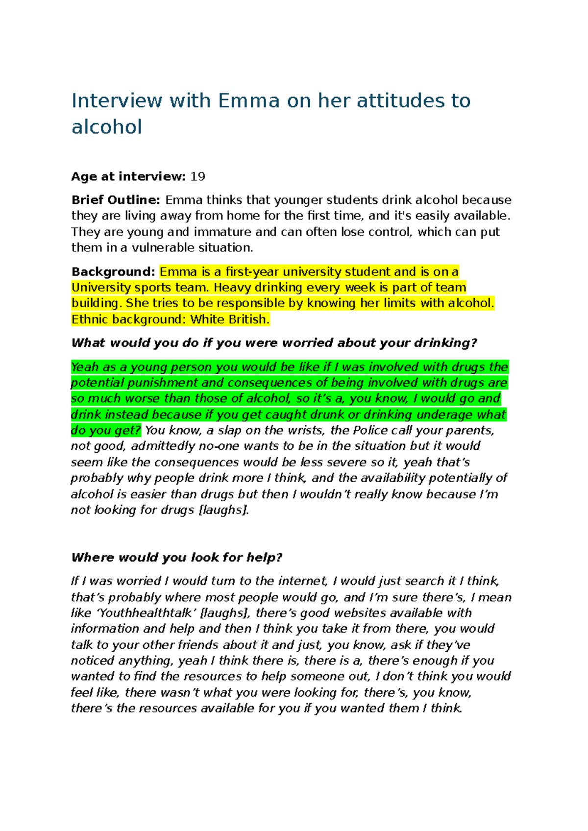 Interview with Emma on Alcohol Attitudes - Qualitative Data Analysis ...