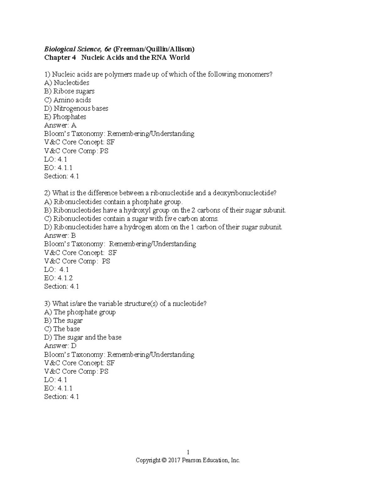 Biological Science 6e Ch 4 Practice Exam Questions on Nucleic Acids ...