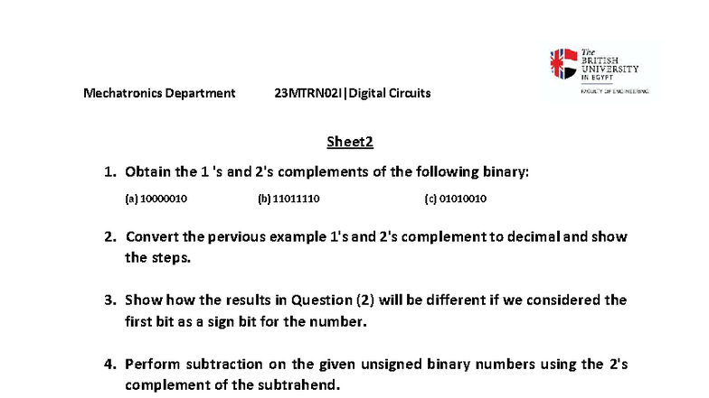 Mechatronics 101: Tutorial 2 on Binary Operations and ASCII - Studocu