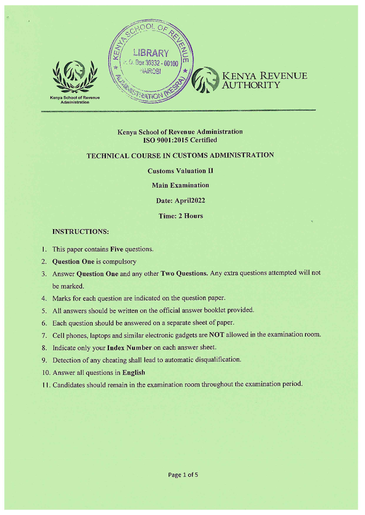 Customs Valuation II Final Exam April 2022 - Main Examination Paper ...