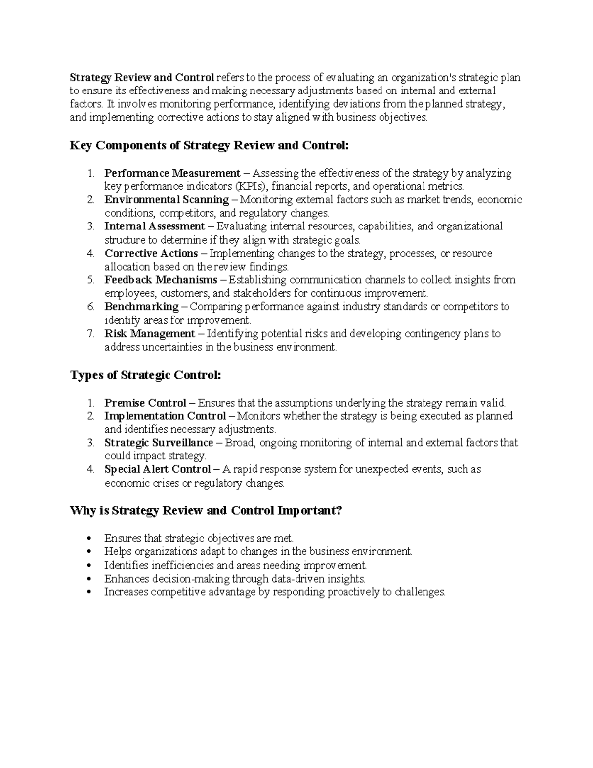 Strategy Review and Control - It involves monitoring performance ...
