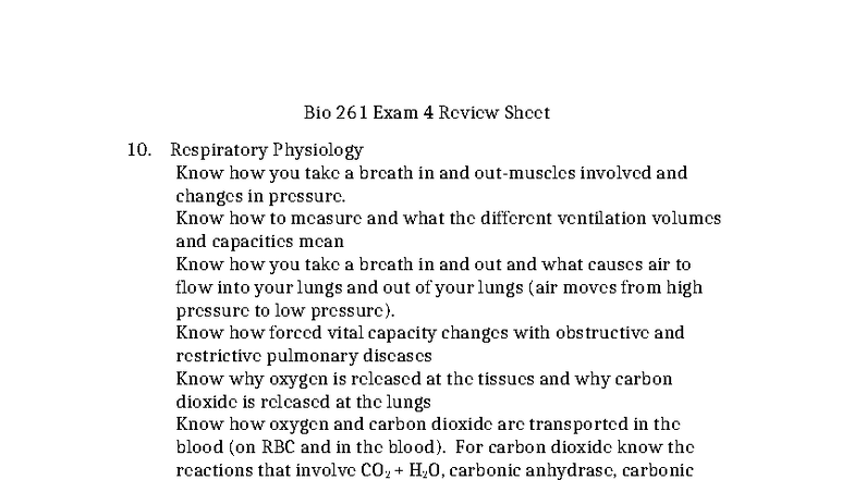 Bio 261 Exam 4 Review Sheet: Respiratory & Endocrine Physiology - Studocu