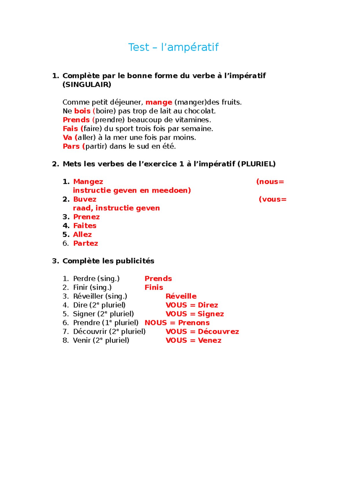 Test – L'Impératif: Exercices Pratiques et Complétions - Studocu