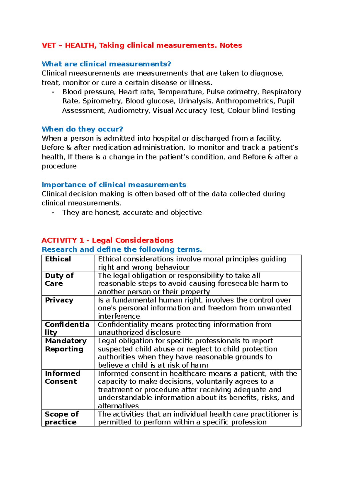 VET HEALTH: Clinical Measurements and Skills Overview Notes - Studocu