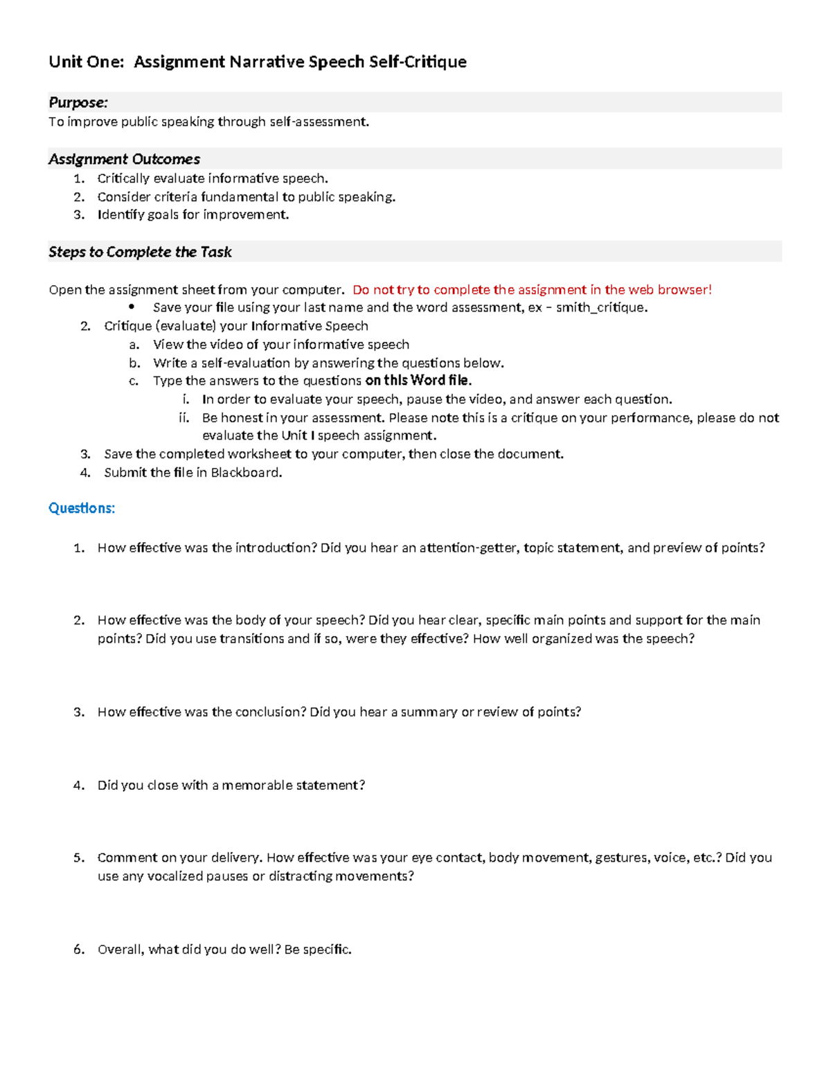 Unit 1: Self-Critique of Informative Speech Assignment - Studocu