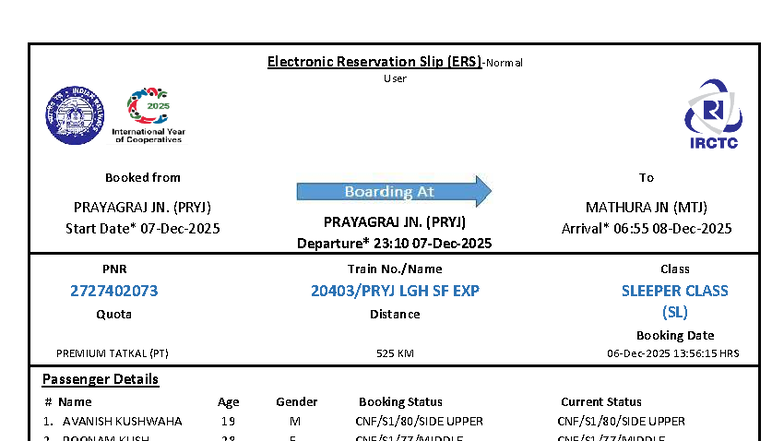 Electronic Reservation Slip: Prayagraj to Mathura (PRYJ-MTJ) - Studocu