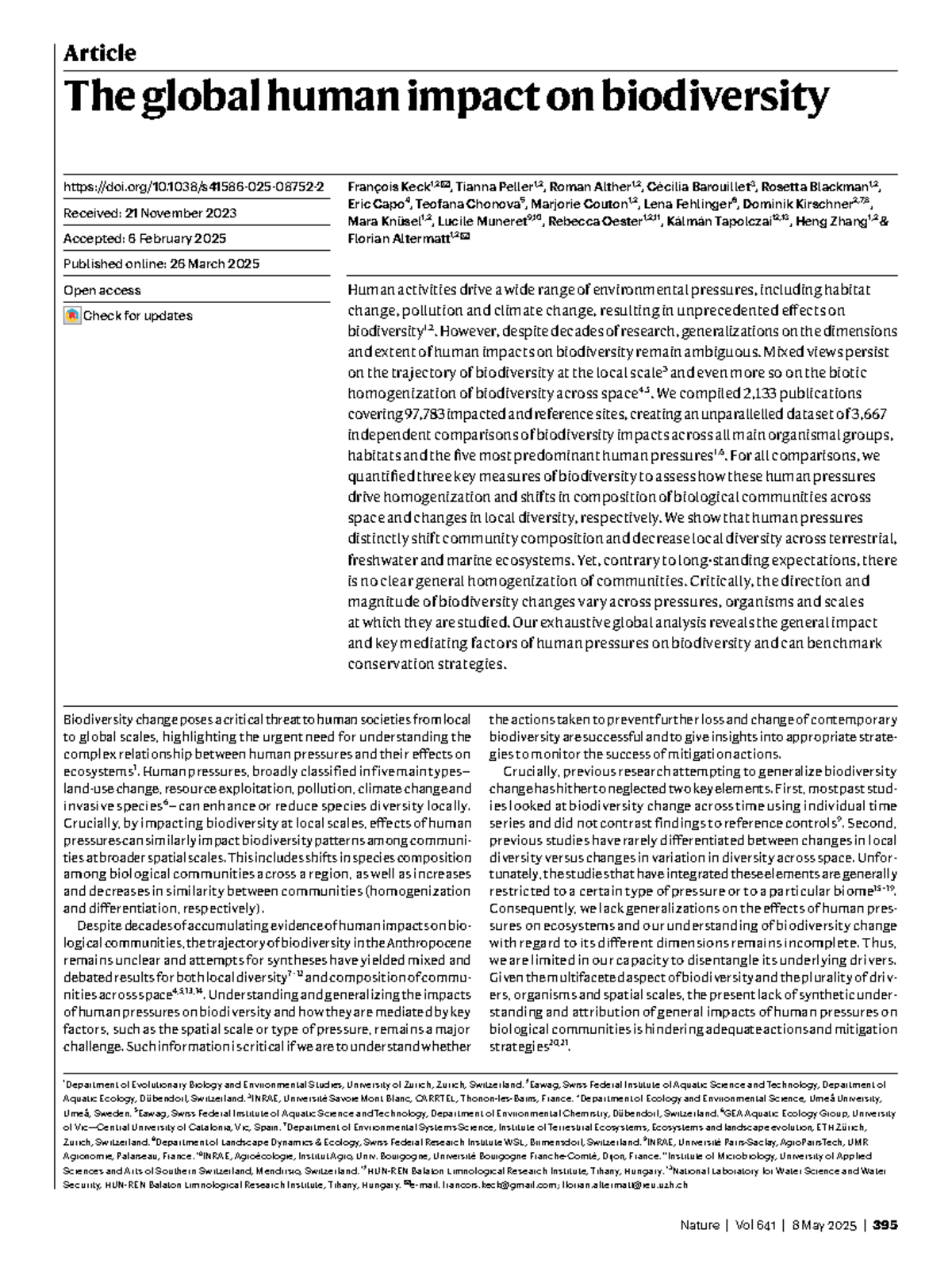 The Global Human Impact on Biodiversity - Nature Article - Studocu