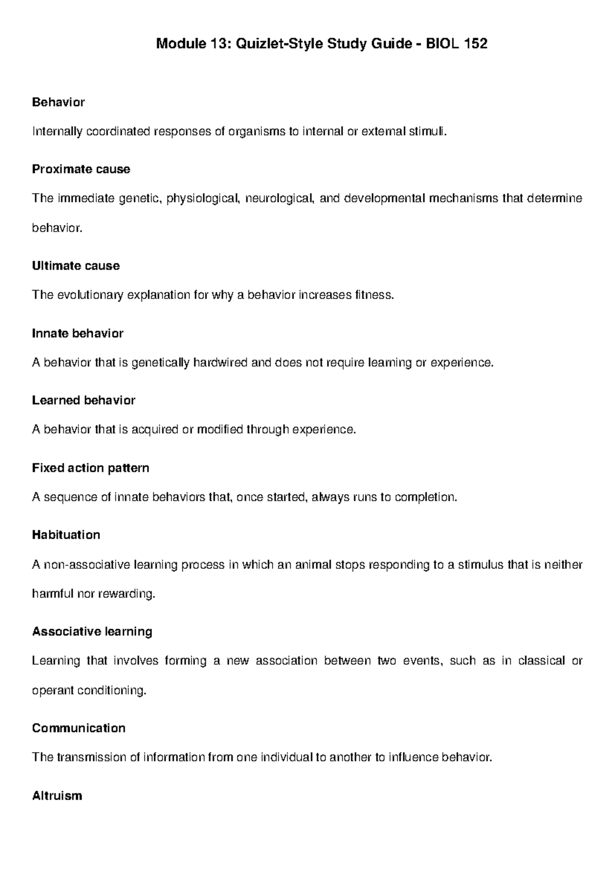 Quizlet-Style Study Guide for Module 13 - BIOL 152 - Module 13: Quizlet ...