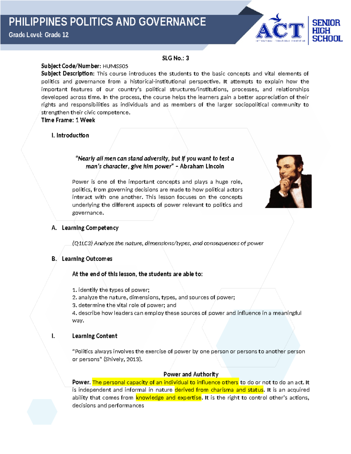 HUMSS Grade 12 Lesson on Power and Governance (SLG-3) - Studocu