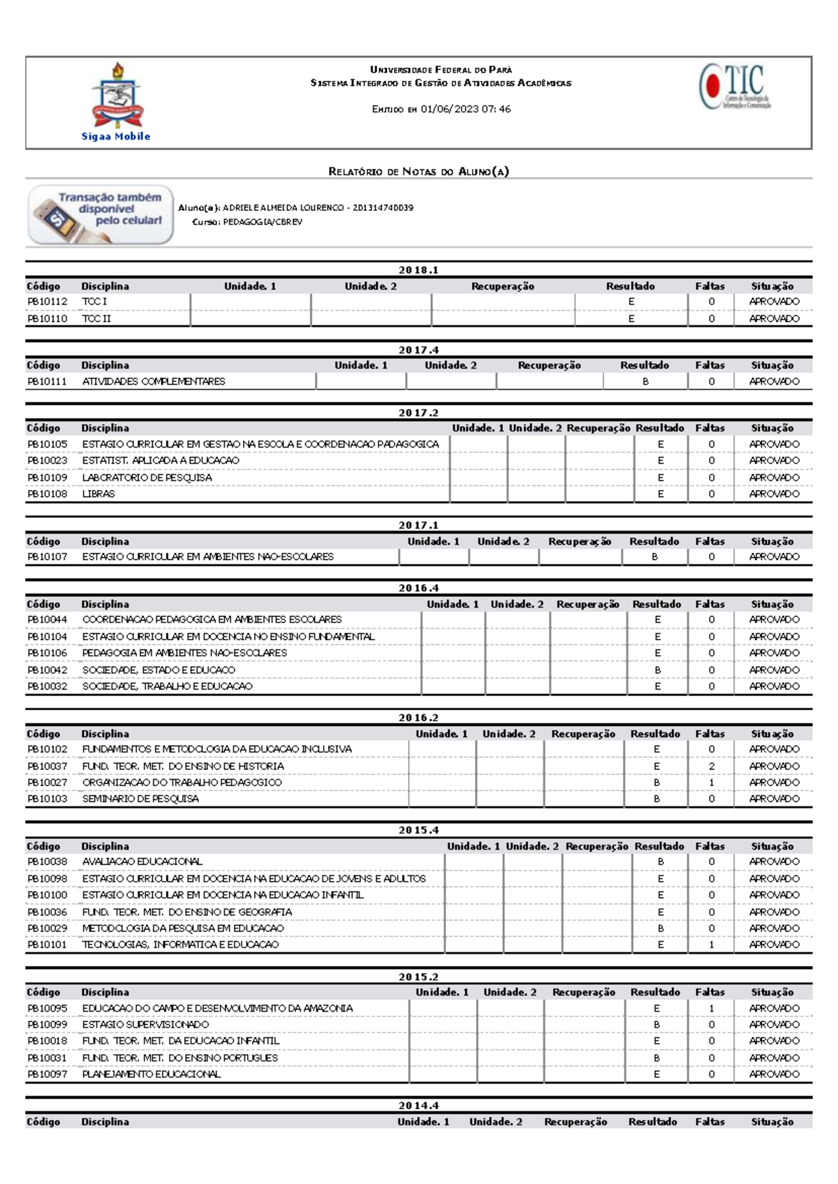 Relatório de Notas do Aluno - Curso 2018.1 - UFPA - Studocu