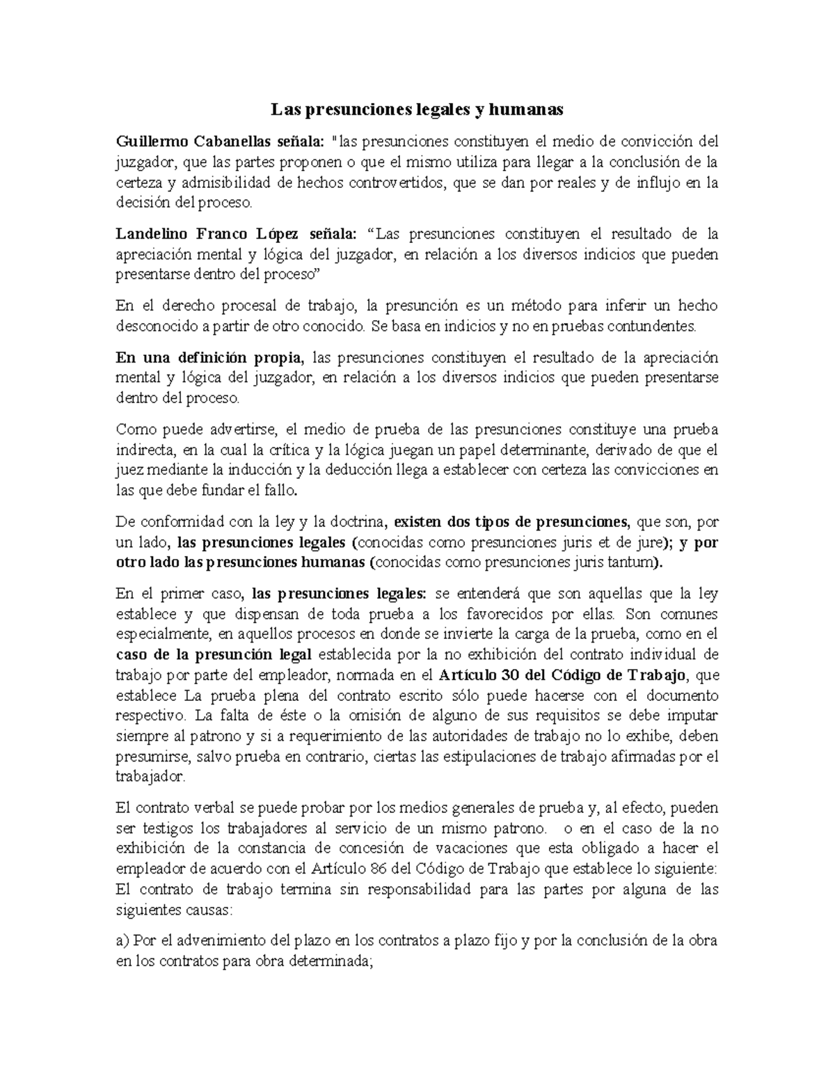 Presunciones Legales y Humanas en el Derecho Procesal Laboral - Studocu