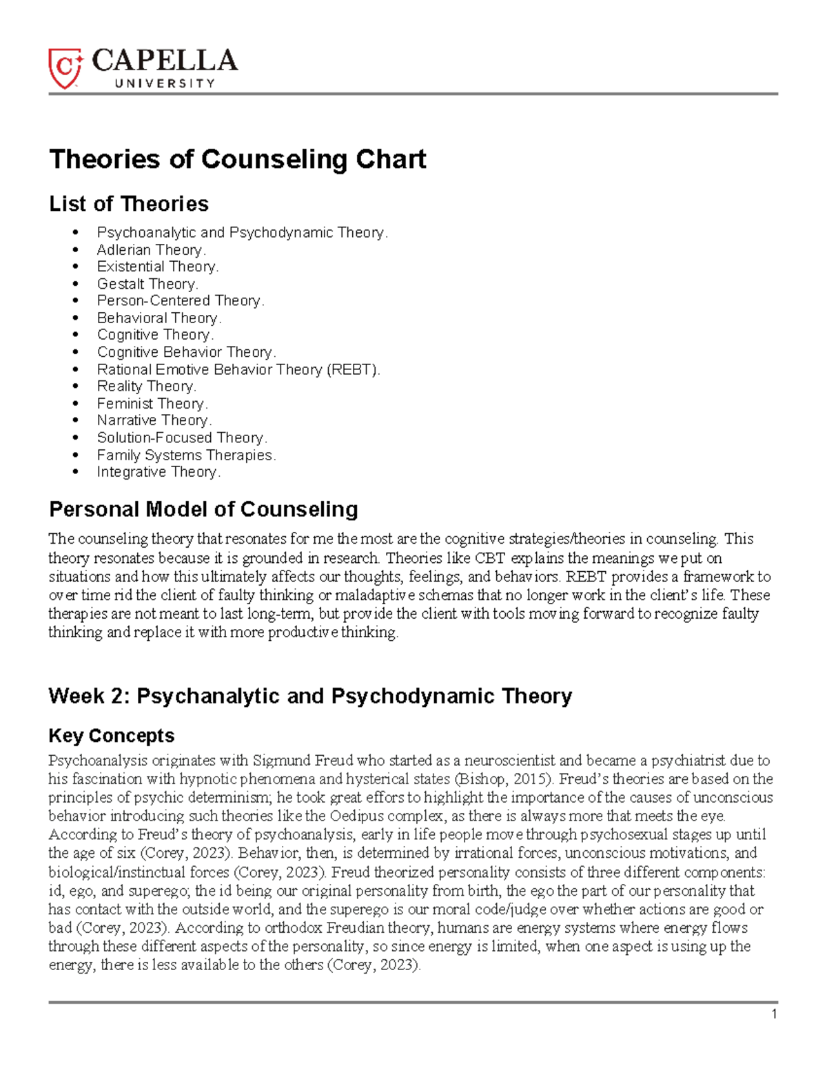 **Counseling Theories Overview - Week 5 Insights** - Studocu