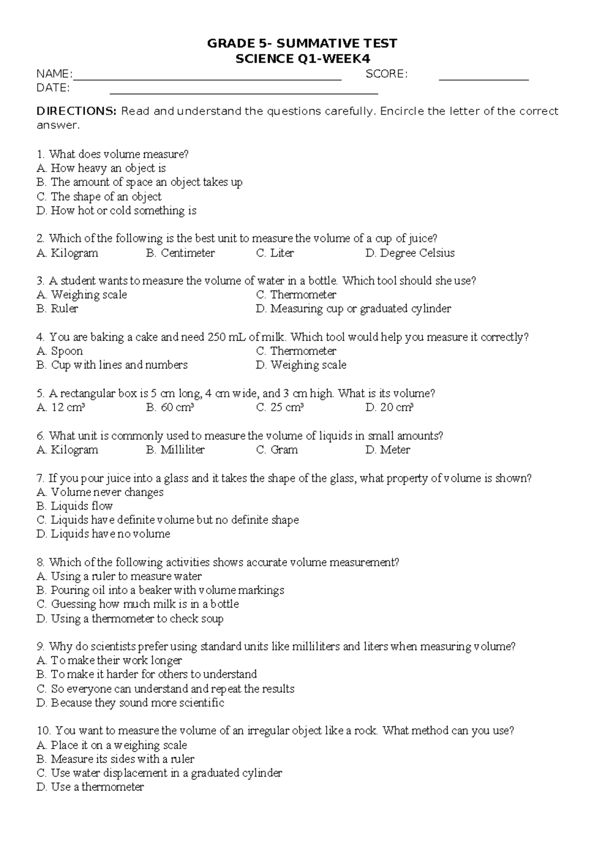 WEEK 4 - SUMMATIVE TEST SCIENCE VOLUME MEASUREMENT - Studocu