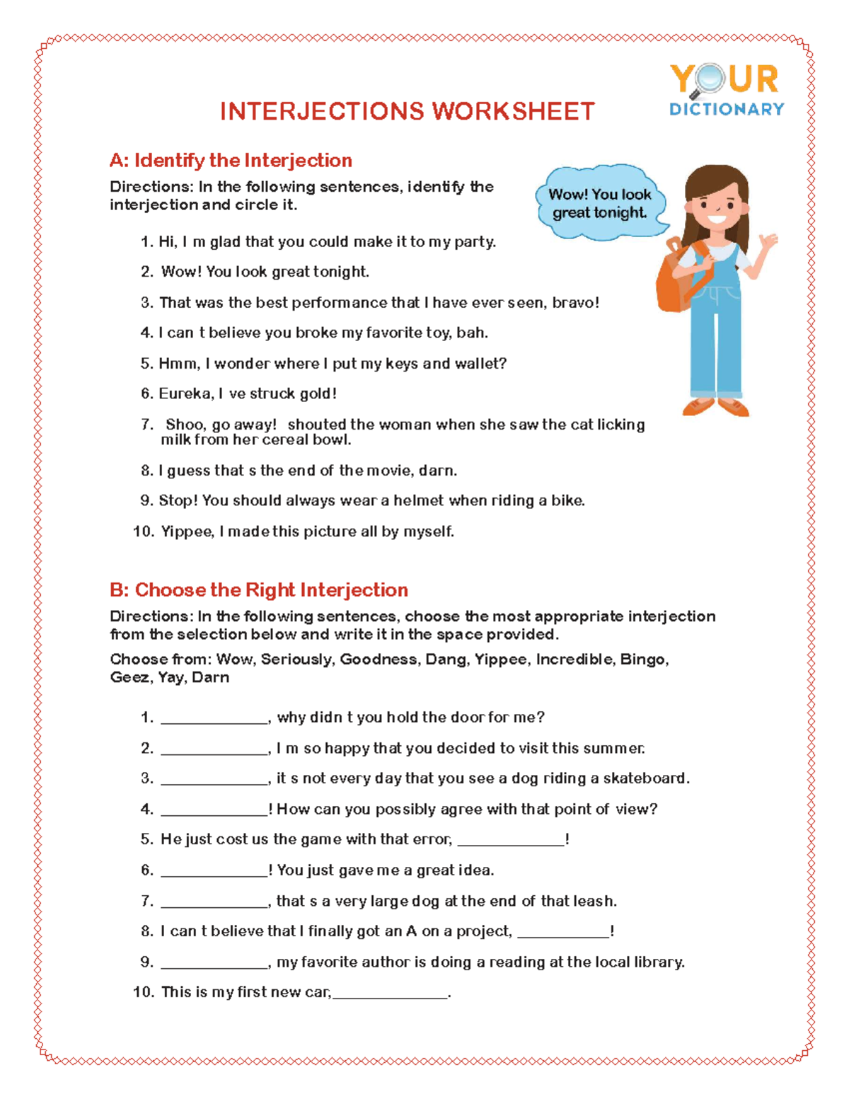 INTERJECTIONS WORKSHEET A & B: Identify and Choose Interjections - Studocu