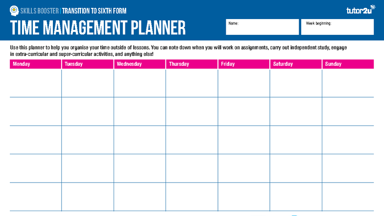 SKILLS BOOSTER Transition to Sixth Form Time Management Planner - Studocu