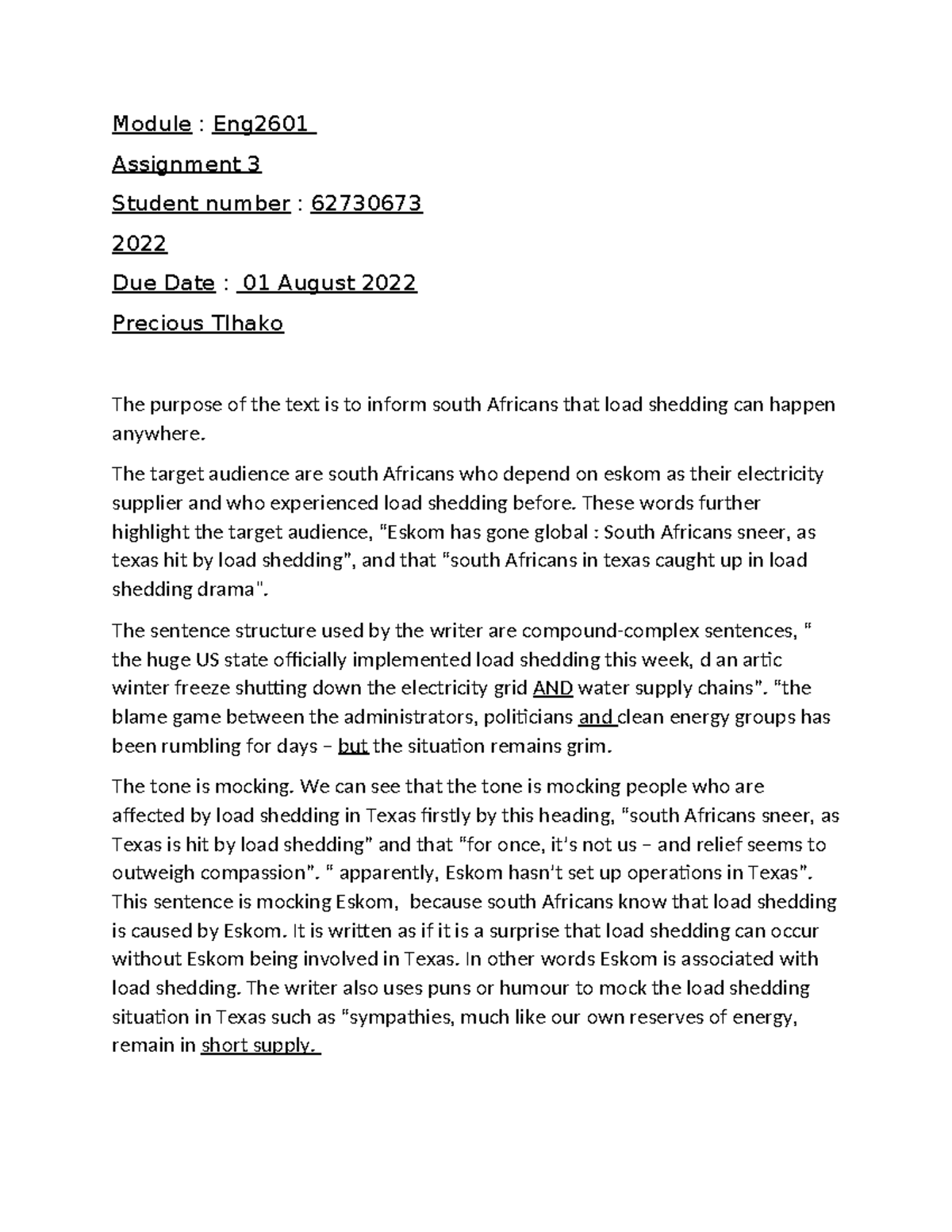 Eng2601 Assignment 3: Analyzing Load Shedding Commentary - Studocu