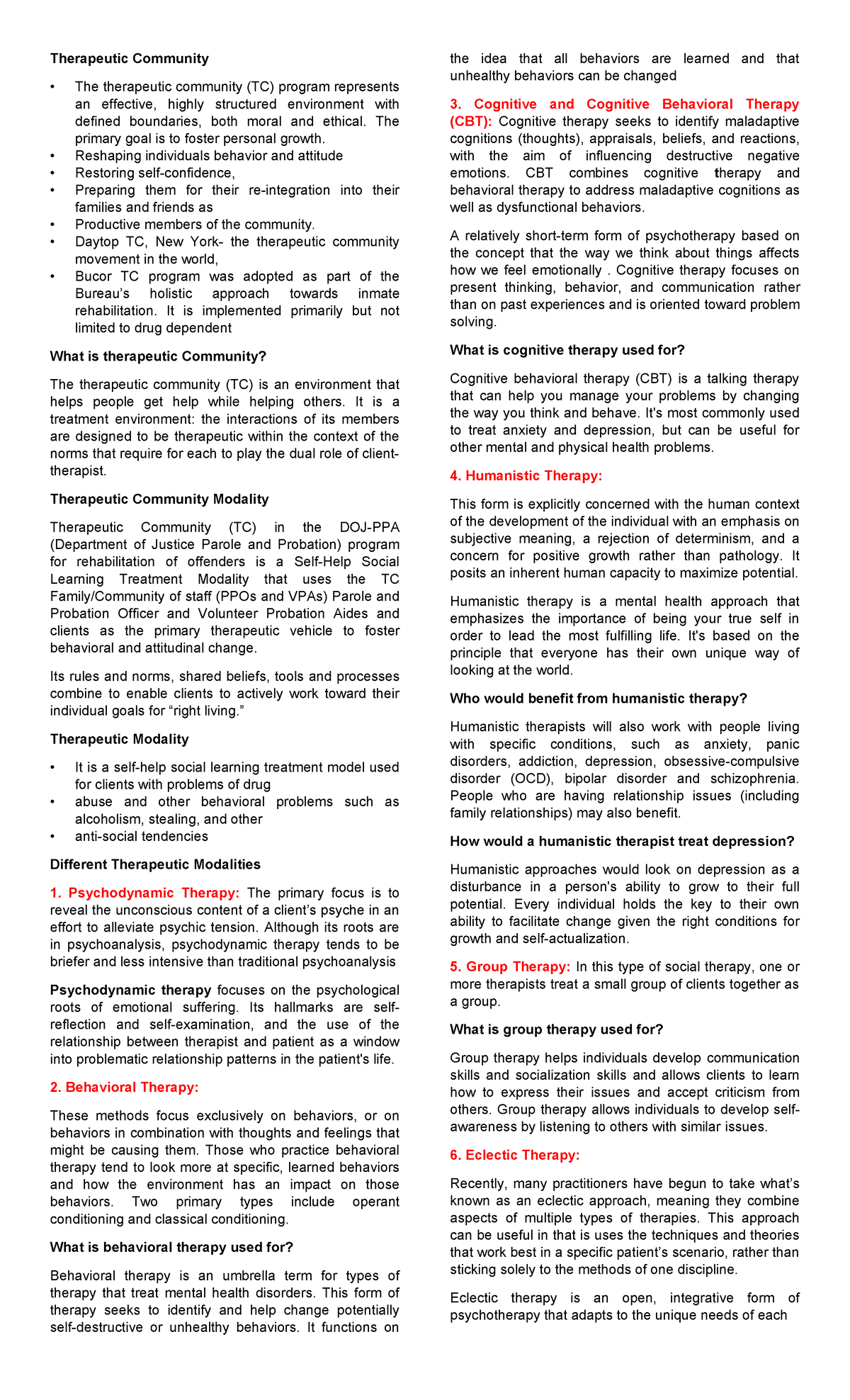 Therapeutic Modalities in TC Programs: A Comprehensive Overview - Studocu