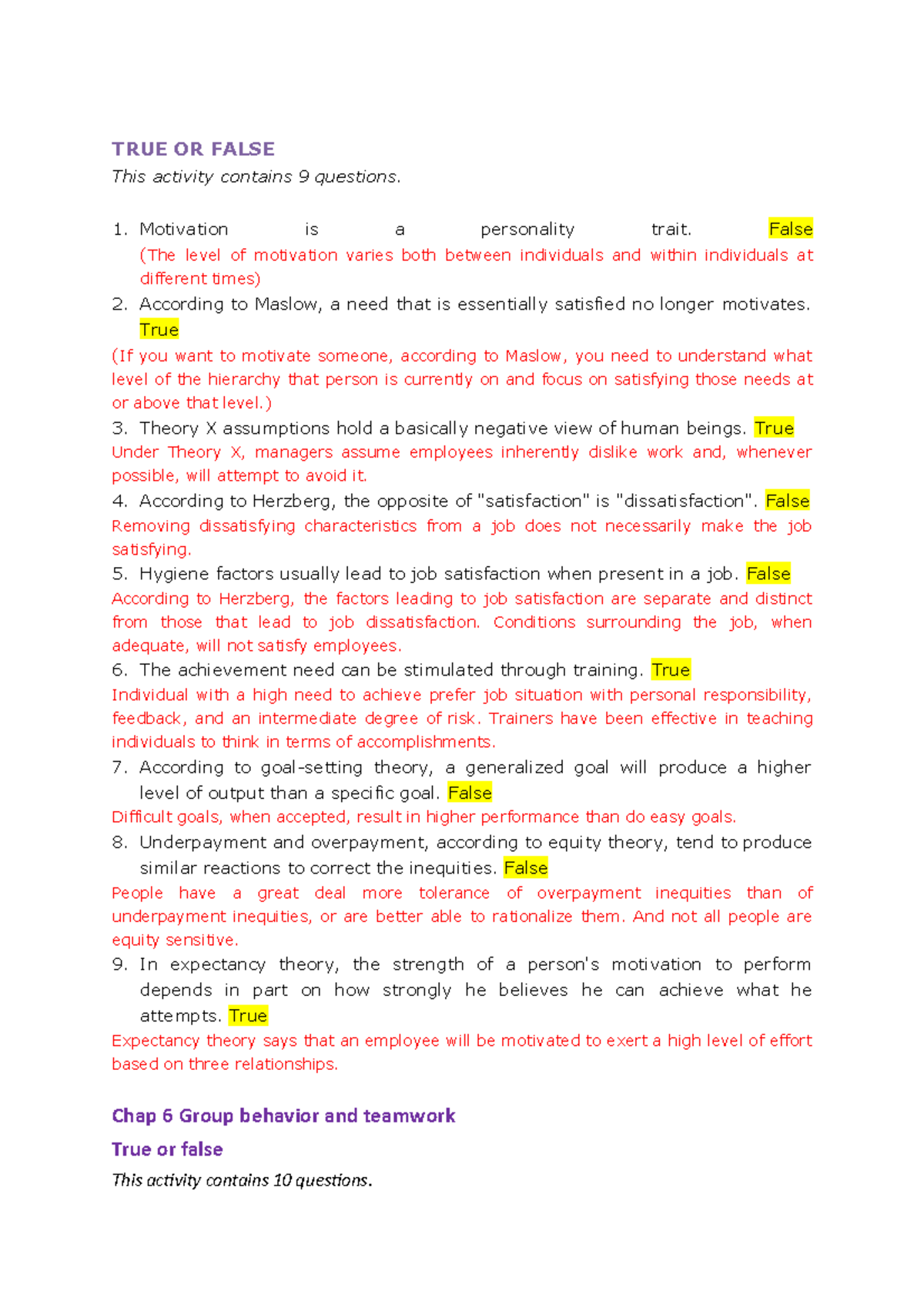 OB 101 True or False Assignment: Individual Insights & Analysis - Studocu
