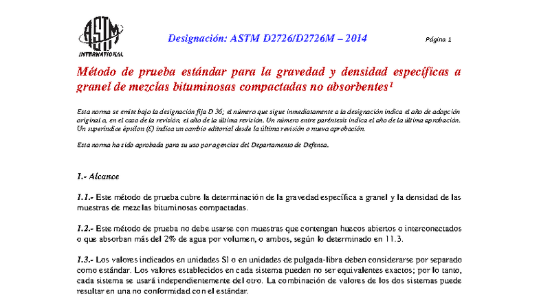 Método de Prueba ASTM D 2726 para Gravedad y Densidad de Mezclas ...