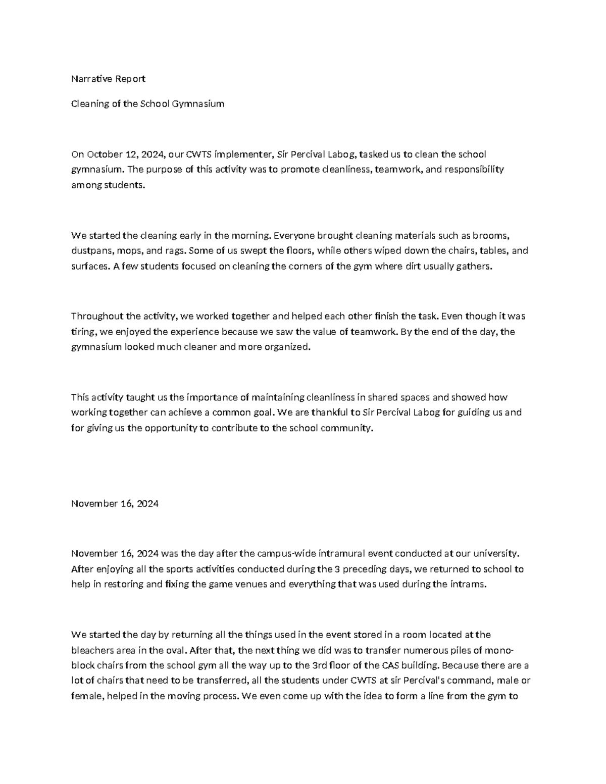 NSTP CWTS Narrative Report: School Gym Cleaning & Event Restoration ...