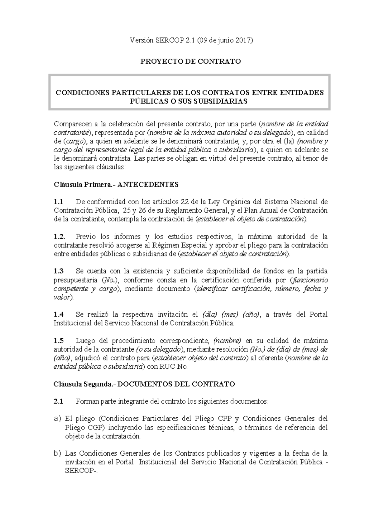Condiciones Particulares del Contrato SERCOP 2.1 - 2017 - Studocu