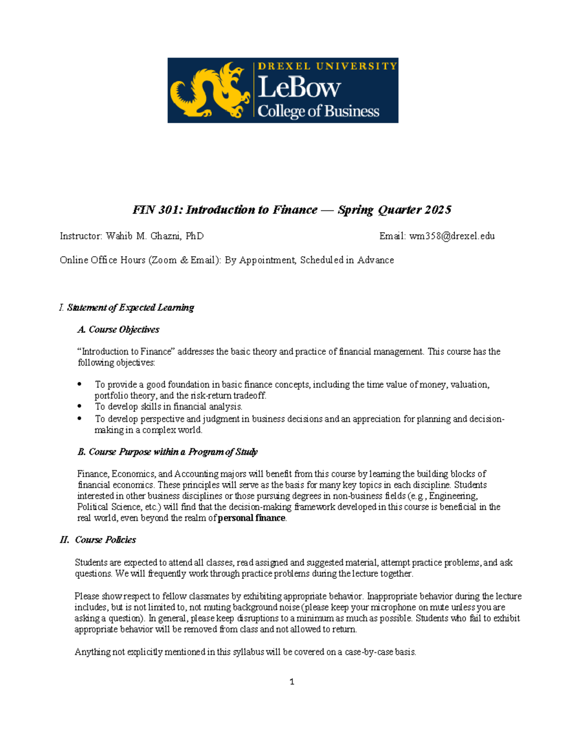FIN 301: Syllabus for Introduction to Finance - Spring 2025 - Studocu