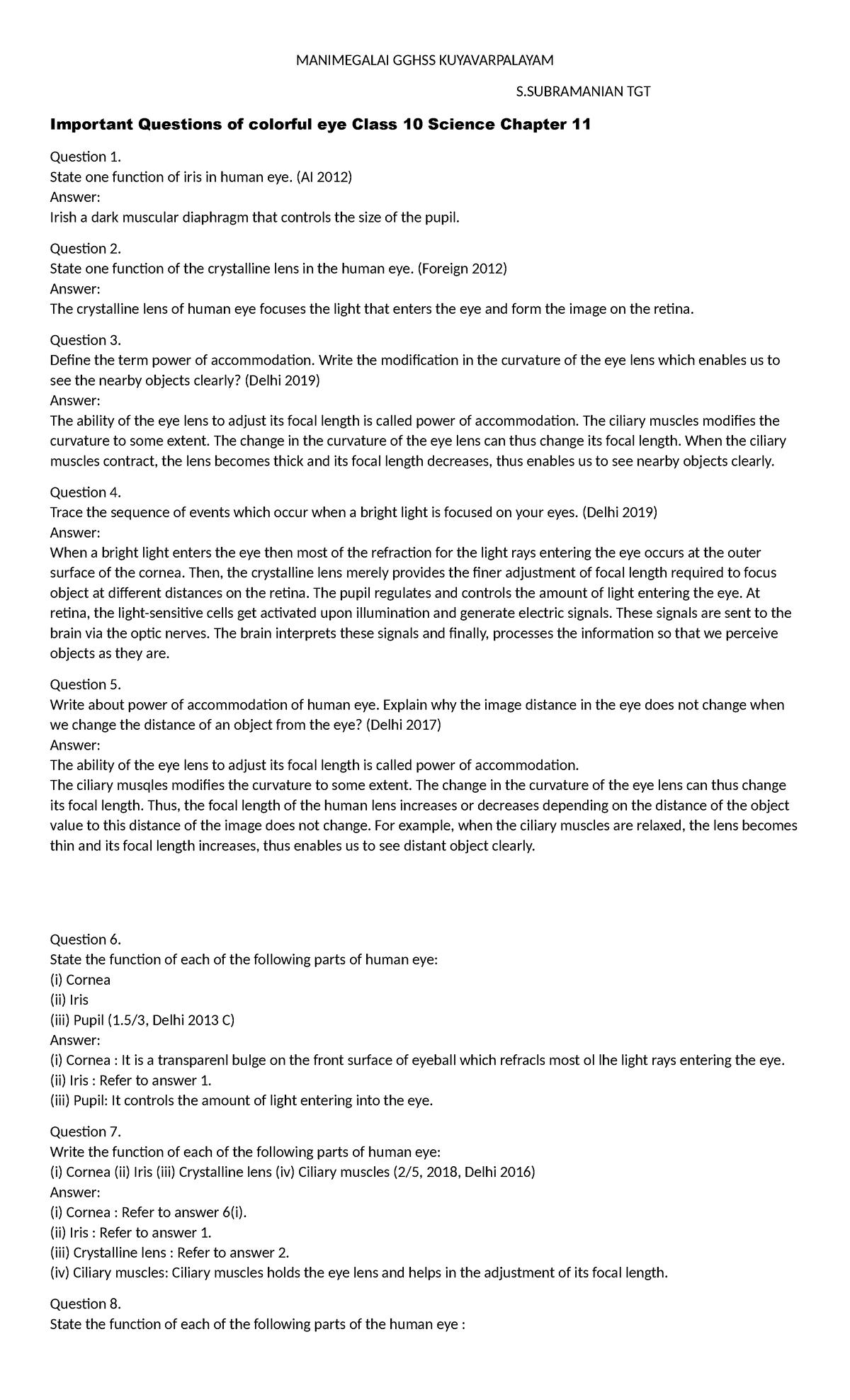 Important Questions on Human Eye - Class 10 Science (Chapter 11) - Studocu