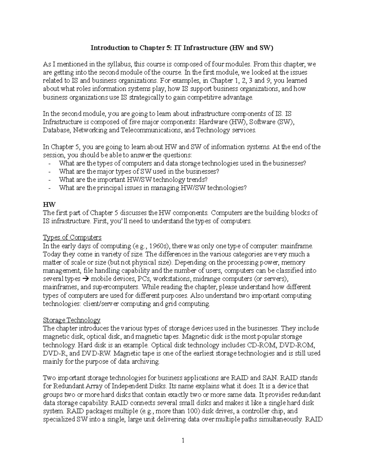 IT Infrastructure (ITC 101) Chapter 5: HW & SW Lecture Insights - Studocu