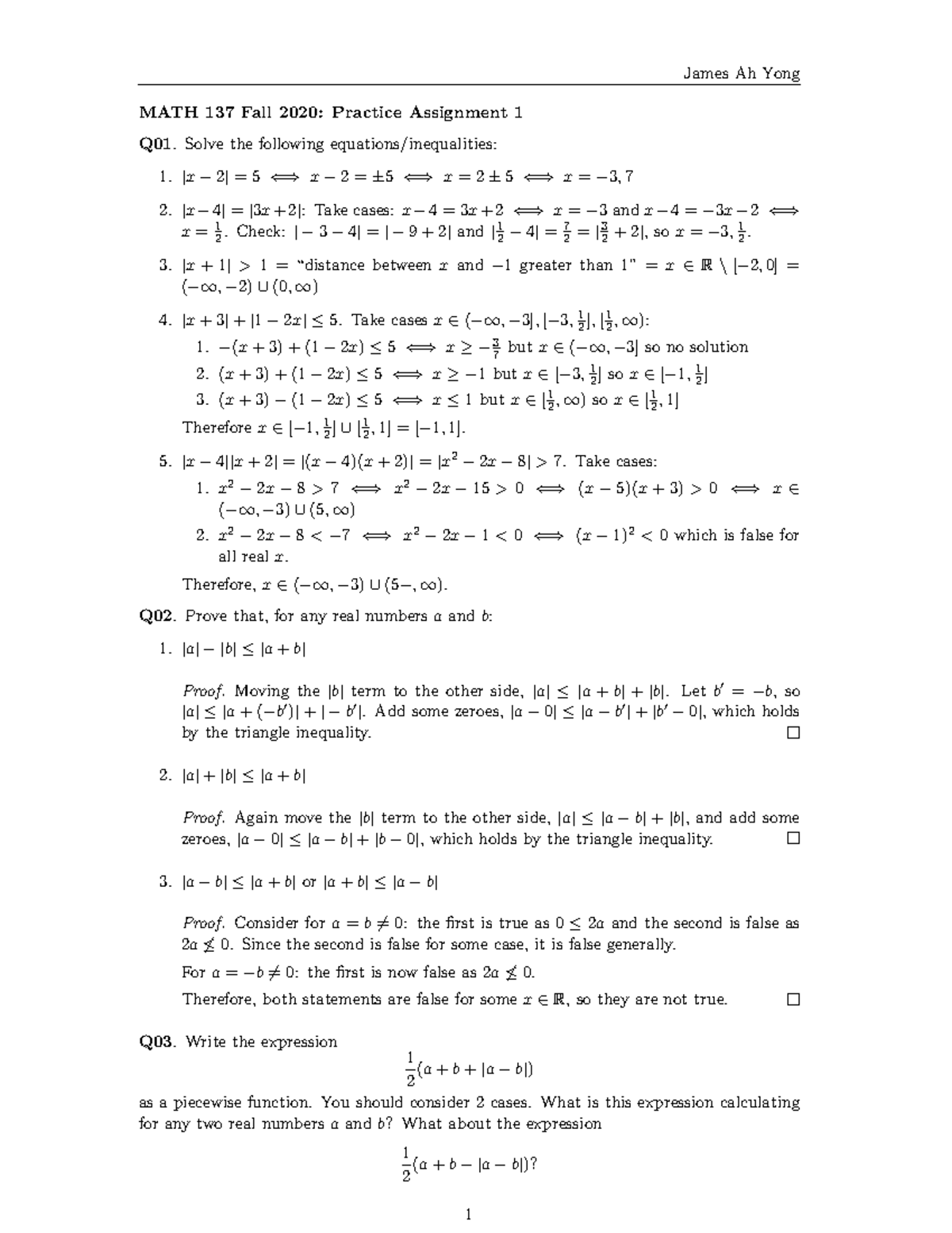 MATH 137 Fall 2020: Practice Assignment 1 Solutions - Studocu