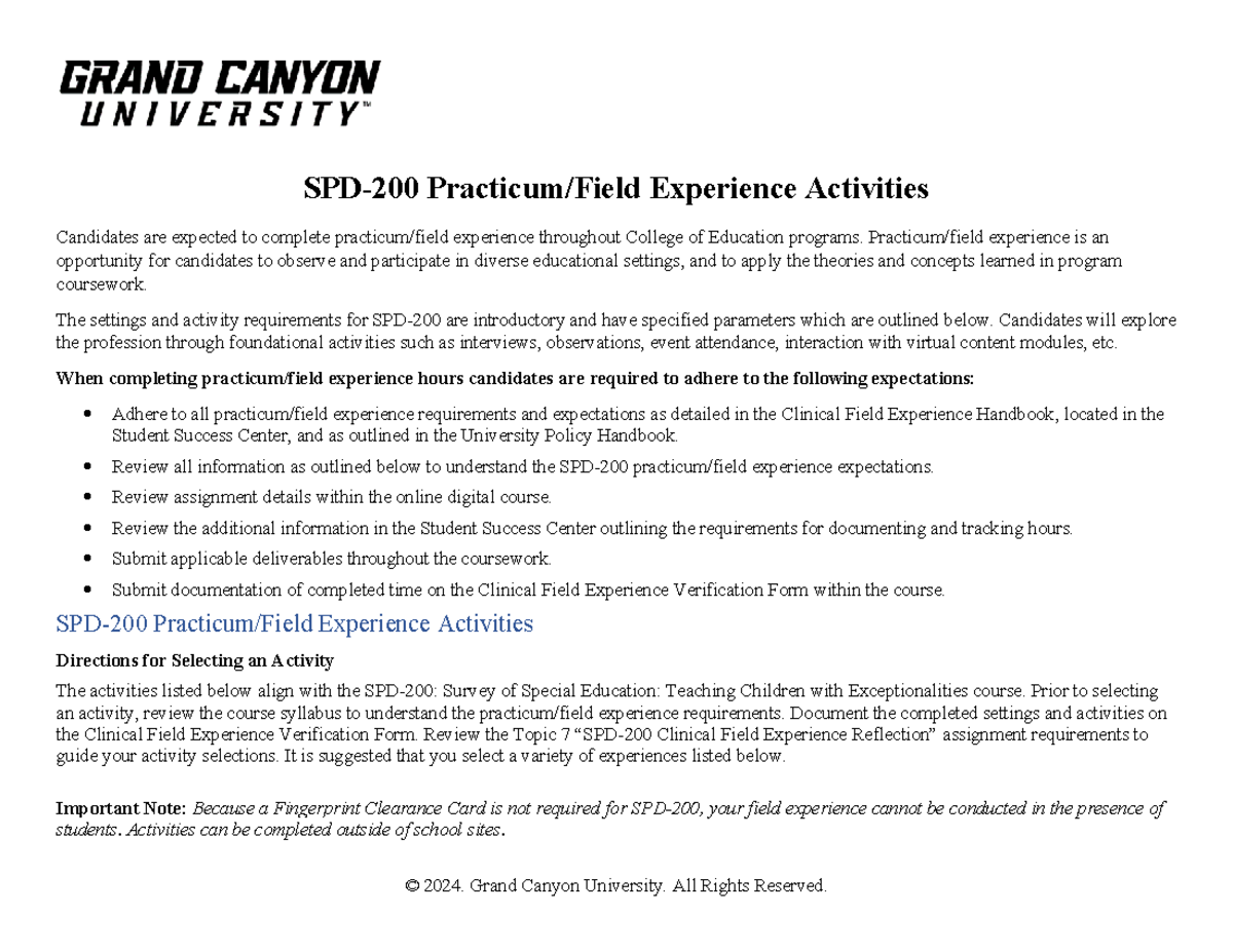 Practicum Field Experience Activities for SPED 2024 at GCU - Studocu