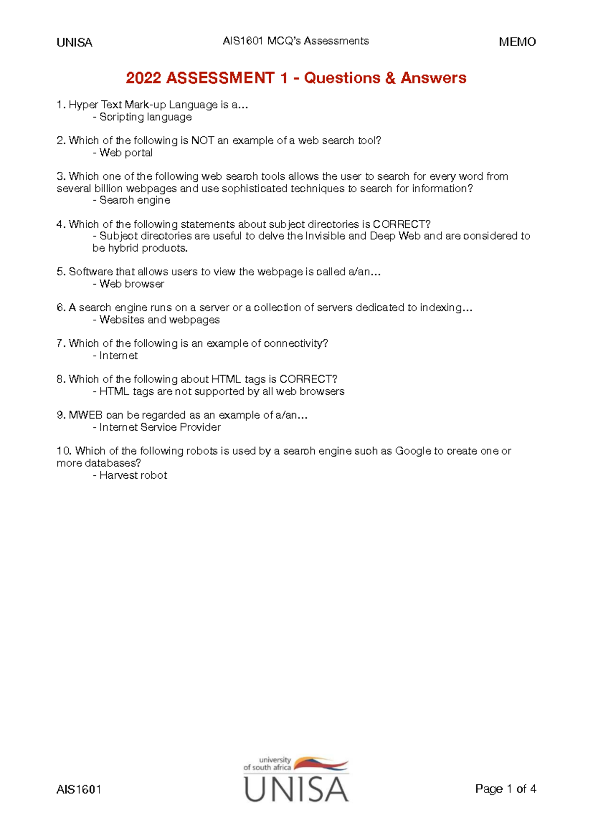 AIS1601 - 2022 Assessments 1-4 Memo: Questions & Answers - Studocu