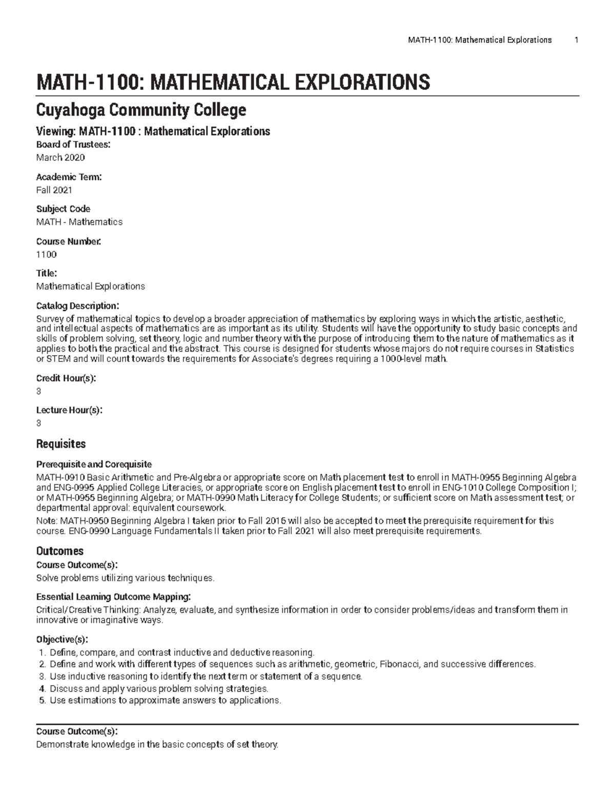 MATH-1100 - tutorial sheets - MATH-1100: MATHEMATICAL EXPLORATIONS Cuyahoga Community College ...