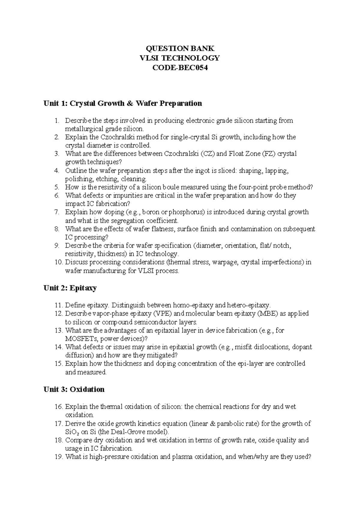 Question Bank for VLSI Technology (Unit 1-6) - Studocu