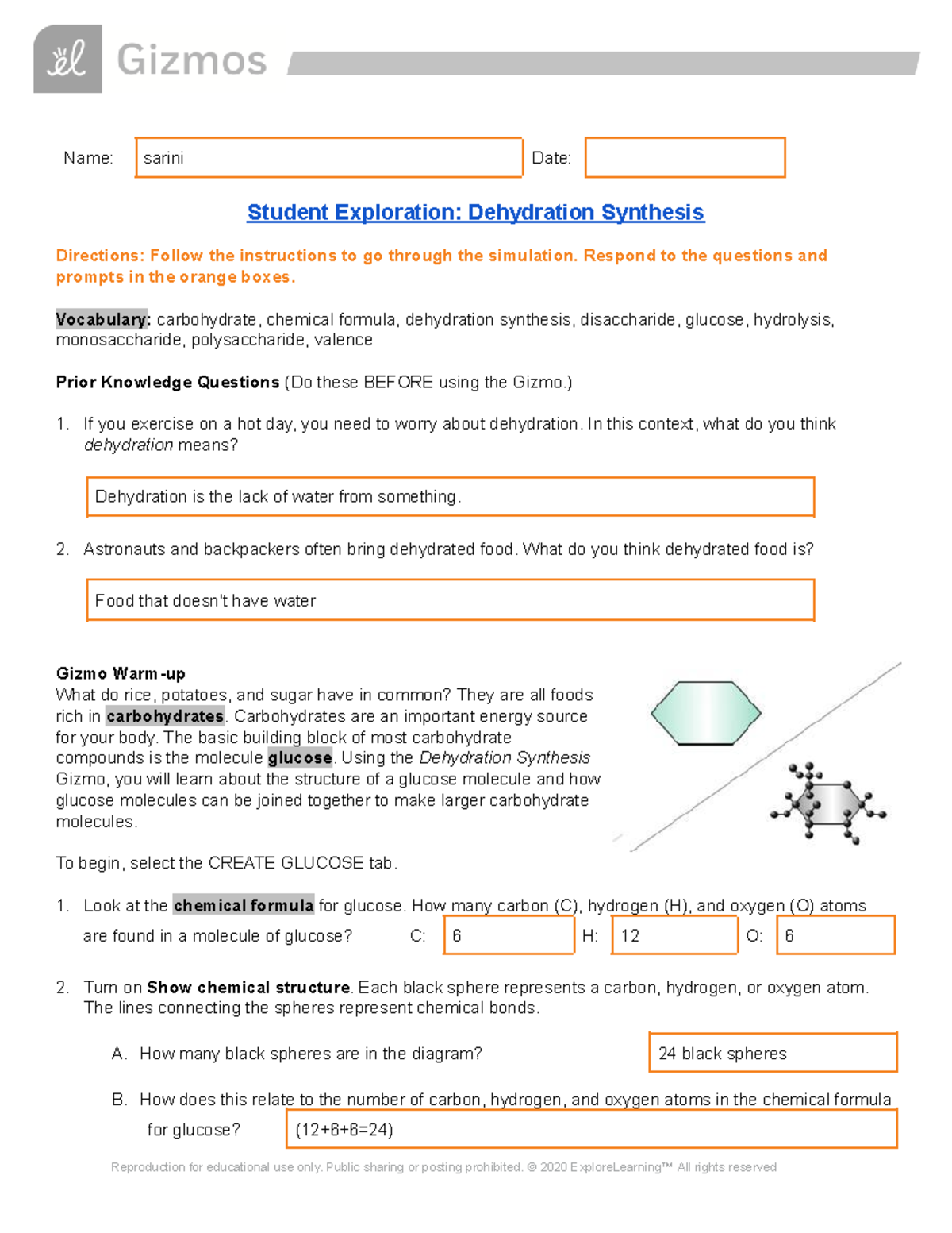 Dehydration Synthesis & Hydrolysis: Gizmo Exploration Lab Activity ...