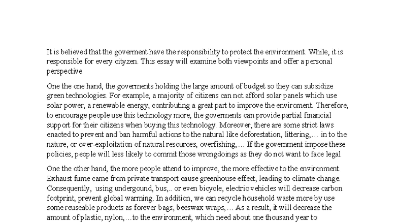 Essay Notes: Government vs. Citizens in Environmental Protection - Studocu