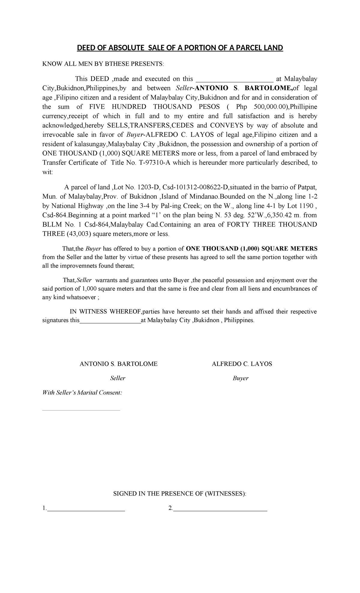 345815171 Deed of Absolute Sale of a Portion of a Parcel Land - DEED OF ...