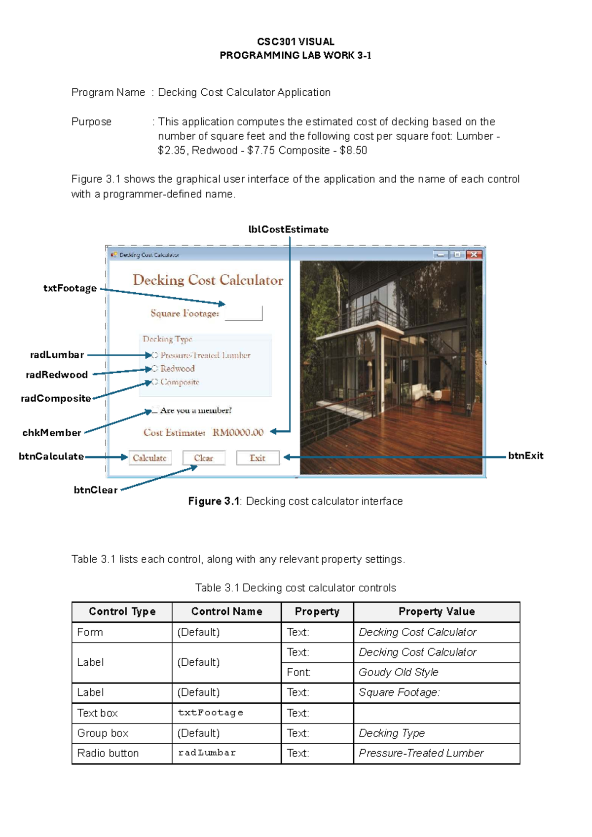 CSC301 Lab Work: Decking Cost Calculator Application Guide - Studocu
