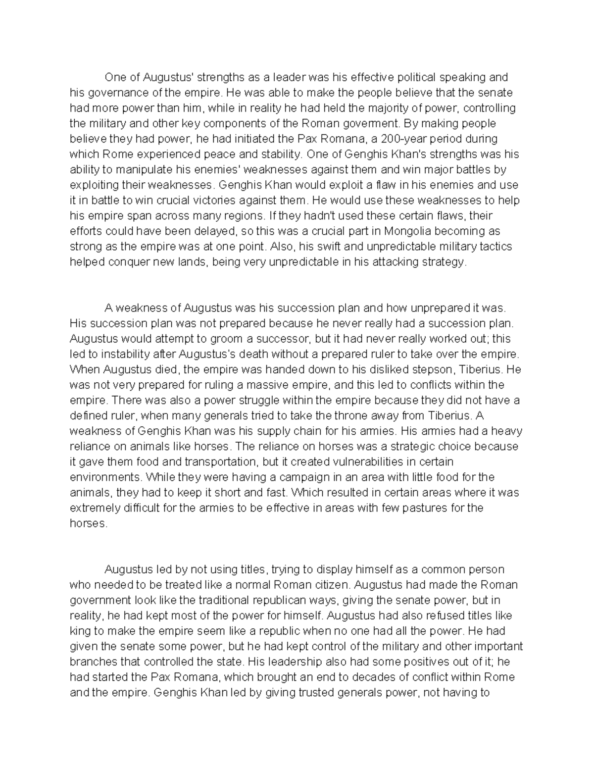 History Essay: Leadership Strengths & Weaknesses of Augustus & Genghis ...