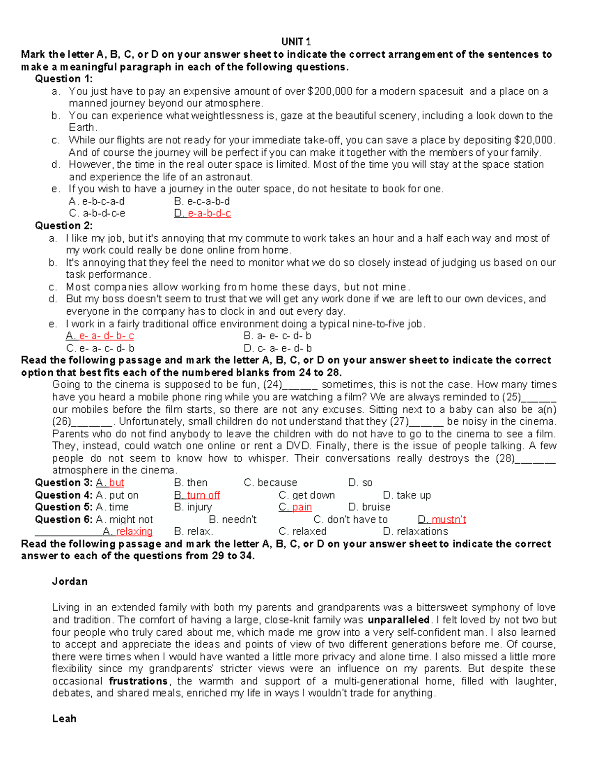 HKI - Unit 1: Sentence Arrangement and Comprehension Exercises - Studocu