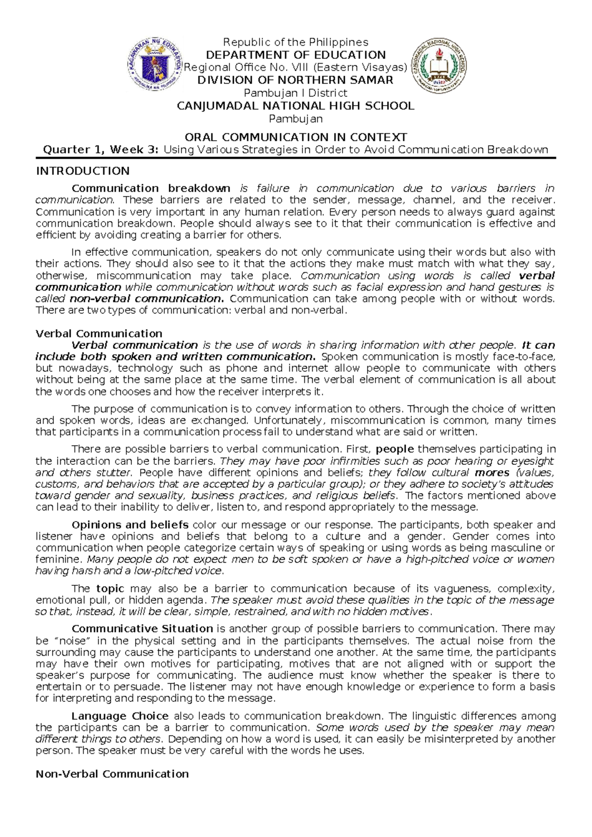 Oral Communication in Context (Quarter 1, Week 3): Strategies to Prevent - Studocu