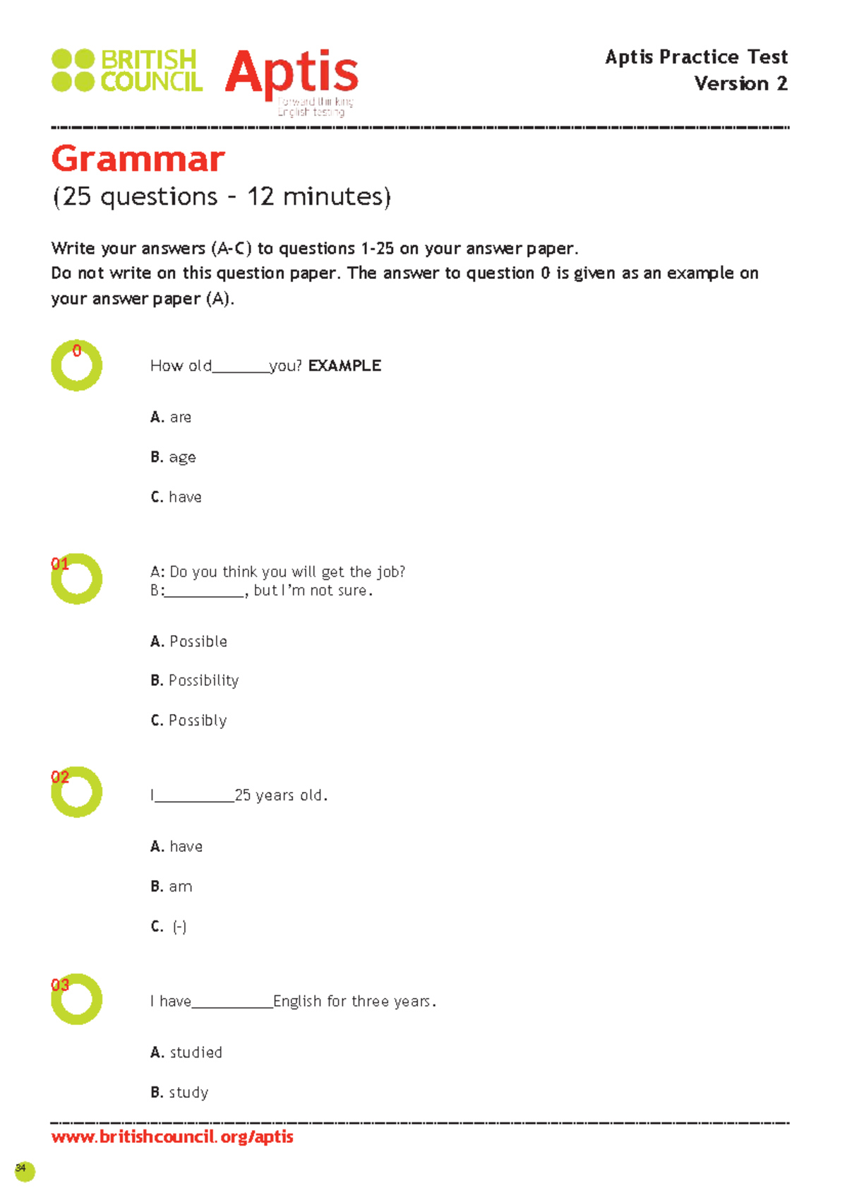 Aptis Practice Test Version 2: Grammar & Vocabulary Questions - Studocu