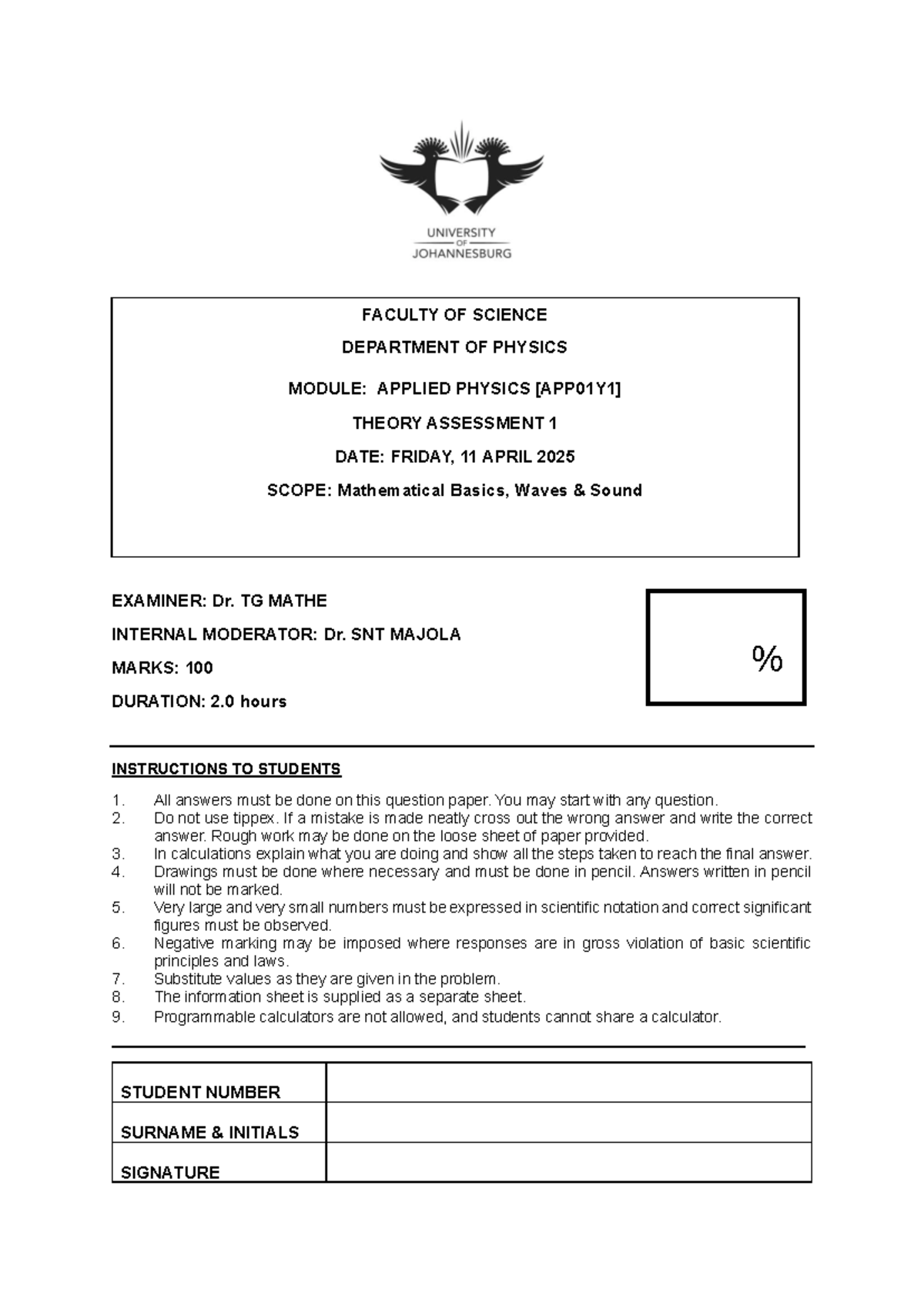 APPLIED PHYSICS THEORY ASSESSMENT 1 (APP01Y1) - 2025 - Studocu