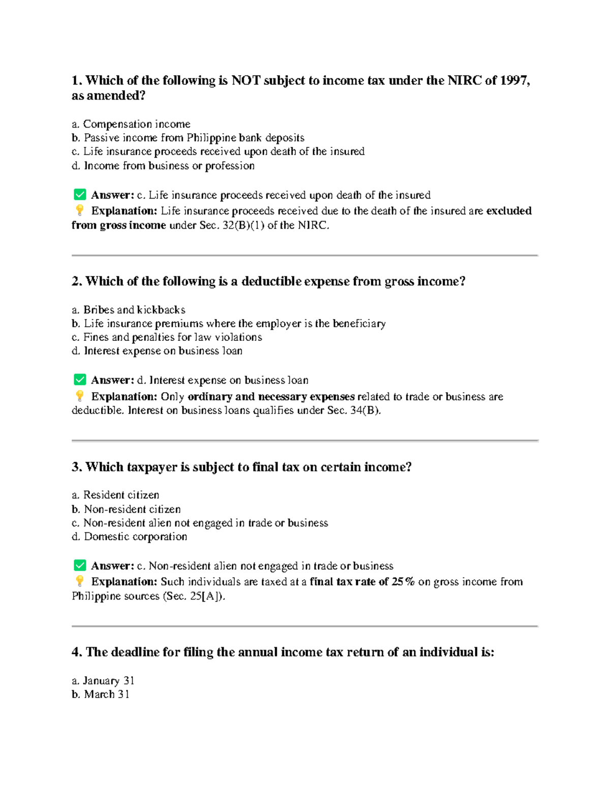 Business TAX MCQ Practice Questions and Answers - Studocu