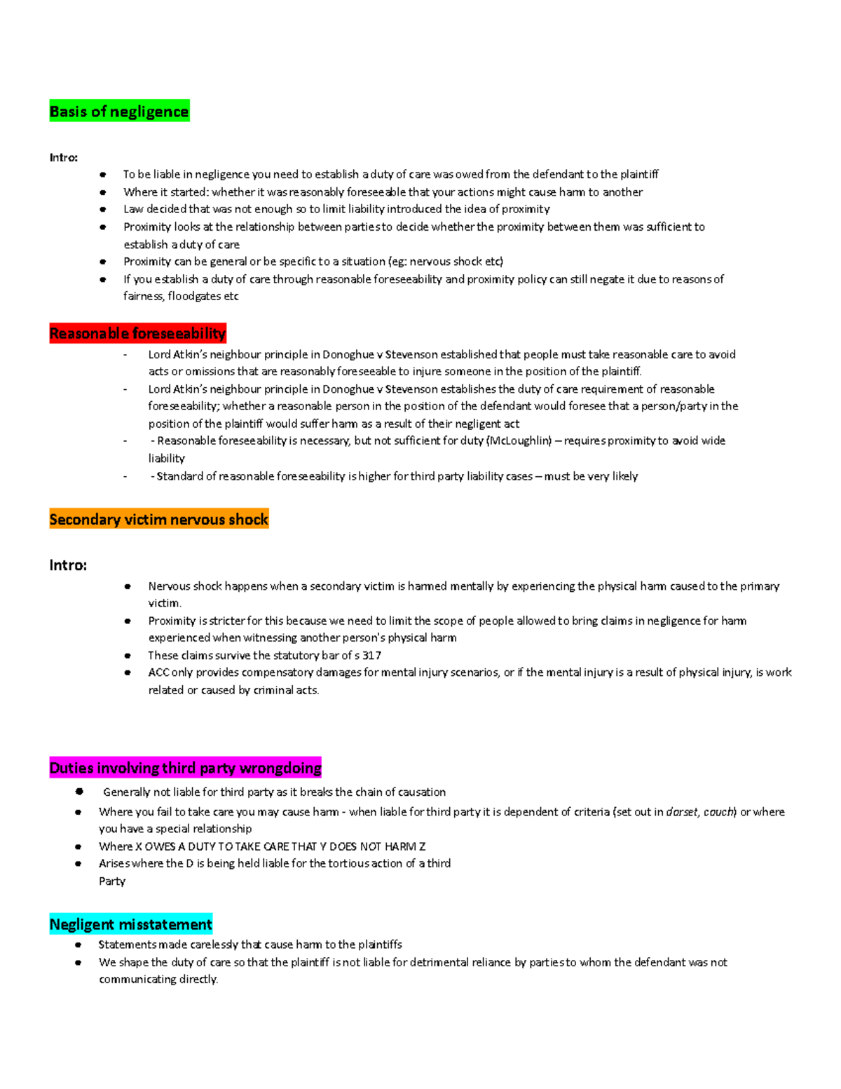 Negligence Law Cheat Sheet: Key Concepts for Midterm Exam (212) - Studocu