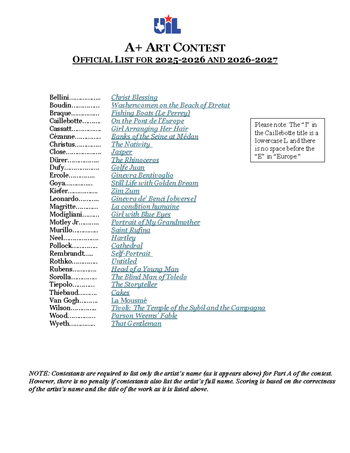 A+ ART CONTEST 2025-2027 OFFICIAL ARTIST LIST - Studocu