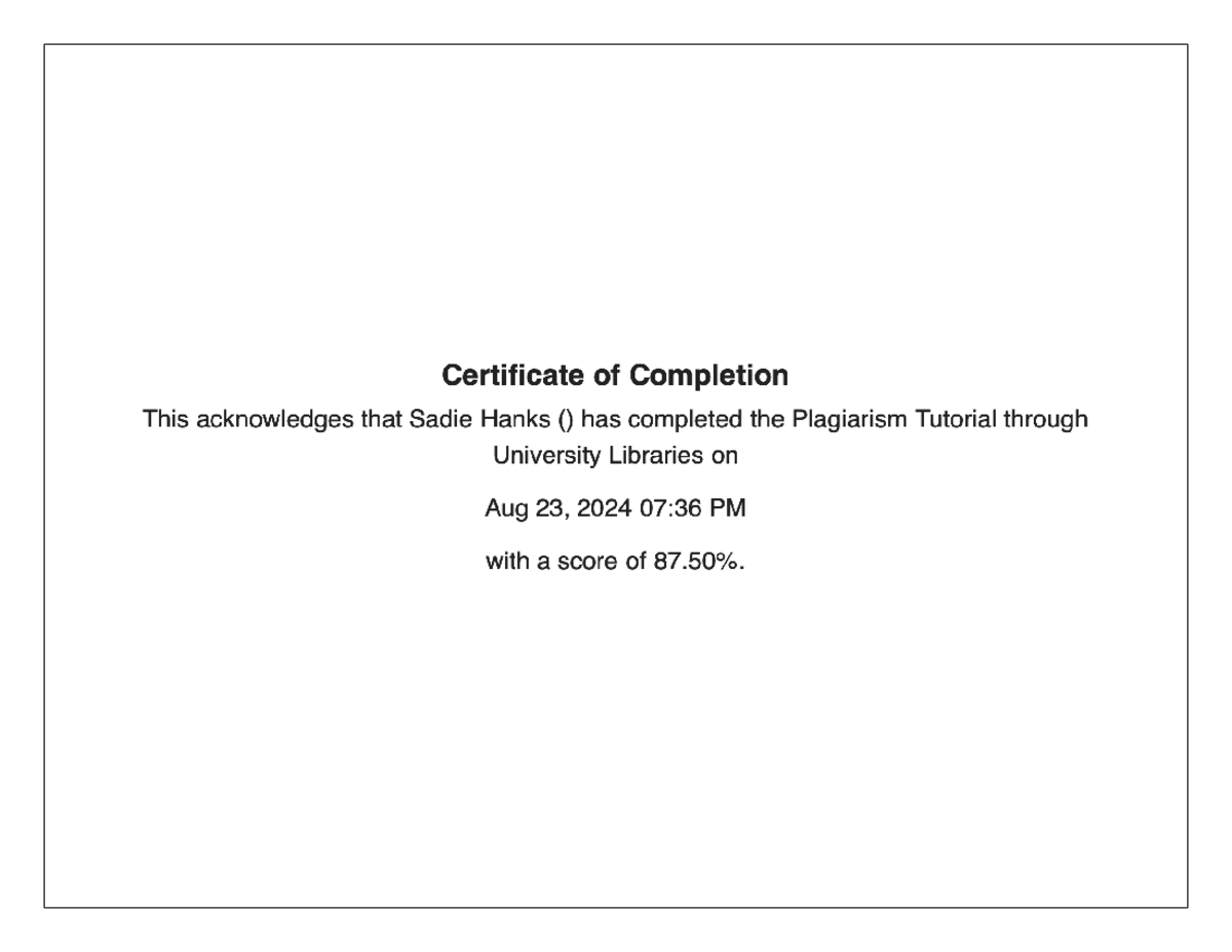 Certificate of Completion Plagiarism Post-Tutorial Quiz - CIS 146 ...