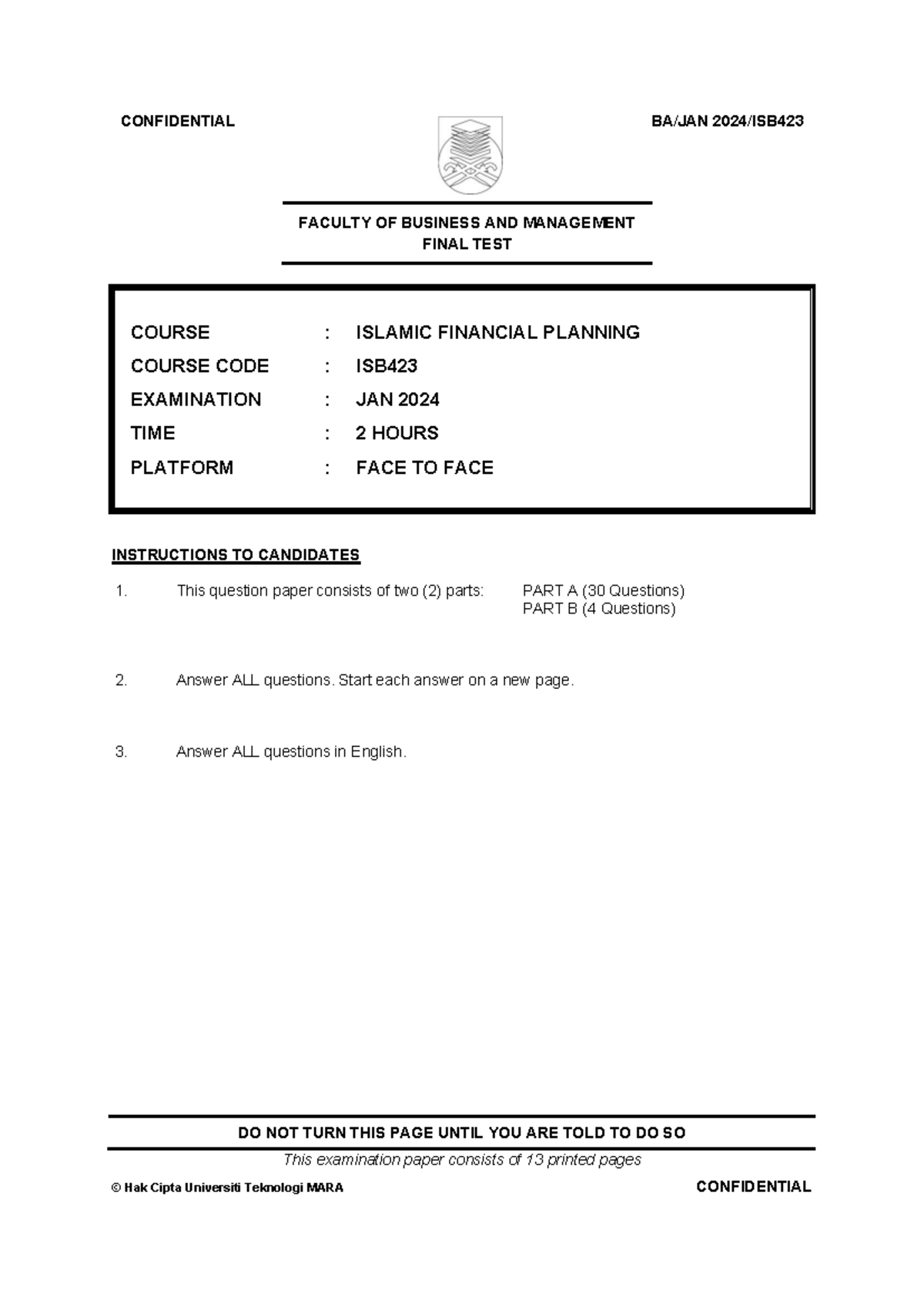 ISB423 Final Exam: Islamic Financial Planning - January 2024 - Studocu