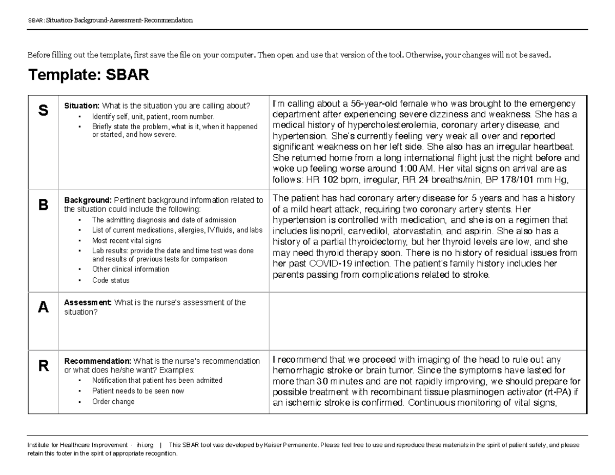 SBAR template Stroke - SBAR: Situation-Background-Assessment ...