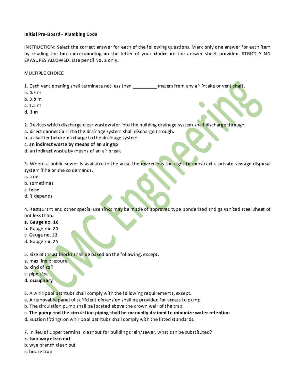 Plumbing Code Initial Pre-Board Quiz Answers Key - Studocu